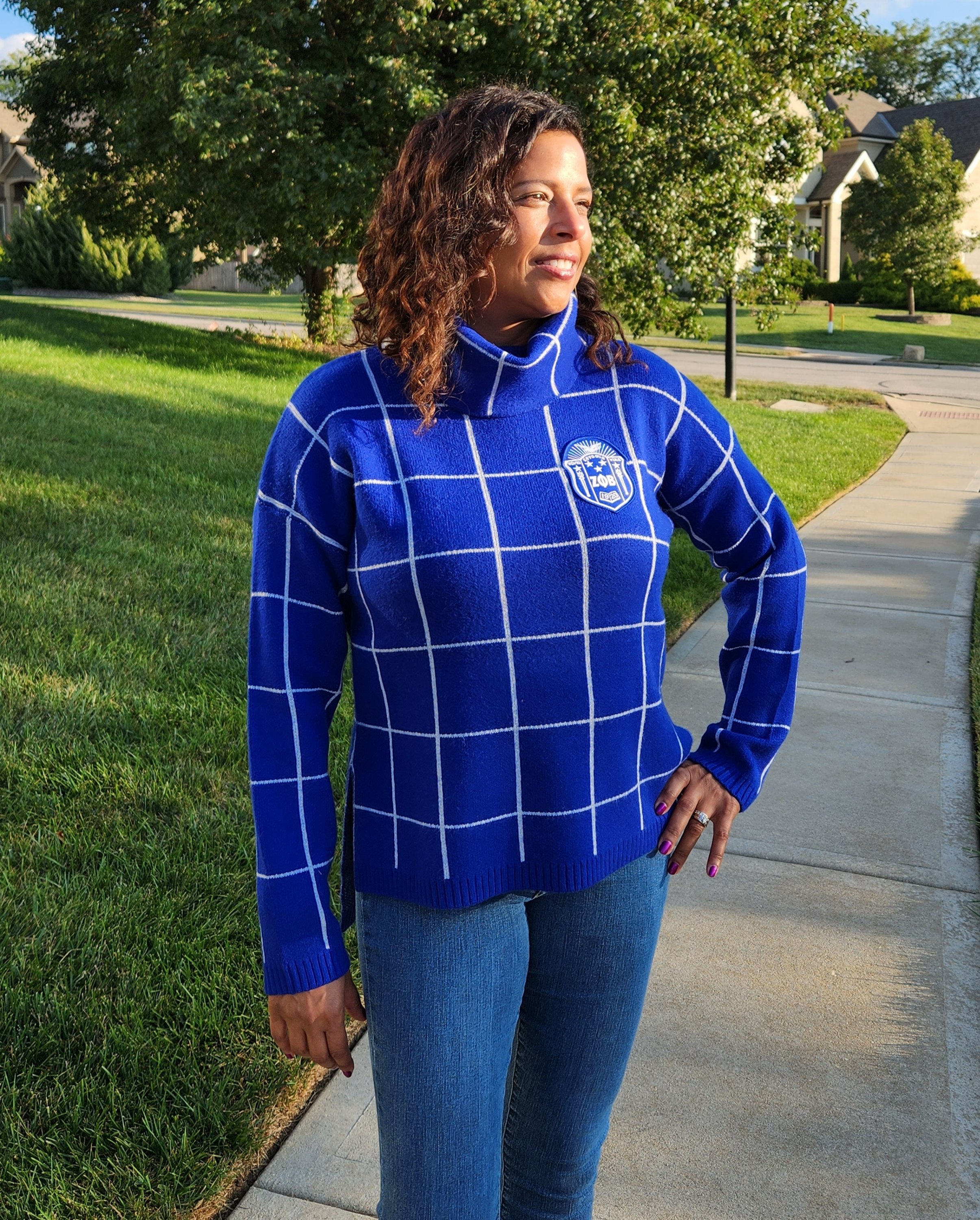 Zeta Phi Beta Windowpane Sweater Blue - | Zeta Phi Beta Sorority